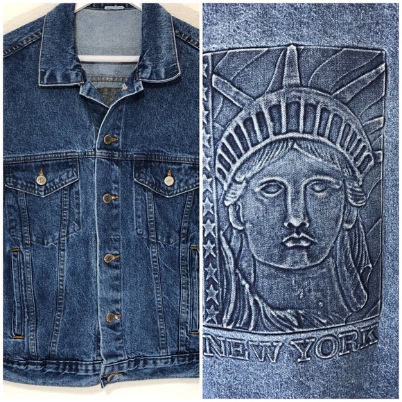 Tyca | Jackets & Coats | Tyca Denim Jacket Embossed Statue Of Liberty ...